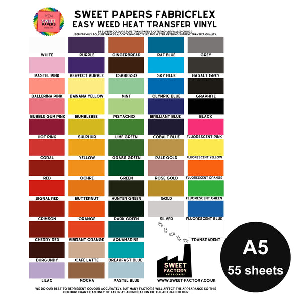 FabricFLEX Heat Transfer Vinyl Complete Colour Collection • A5 • 55 sh ...